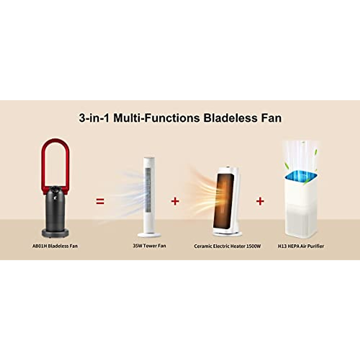 Bladeless Tower Fan & H13 HEPA Air Purifier & 1500W Space Heater 3in1, 120° Swing & 210° Tilt Head Table Fan, 29in. 35W Desk Fan with Remote, 9 Speeds 9H Timer Air Circulator for Home Office-Red