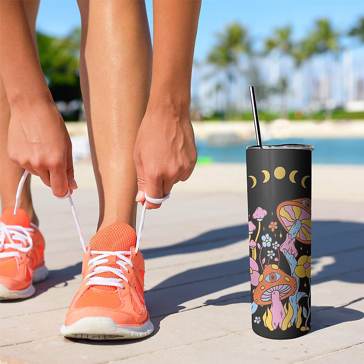 thmasamwr Mushroom Skinny Tumbler With Straw and Lid, Stainless Steel 20oz Coffee Travel Mug, Cute Moon and Mushroom Cups for Mushroom Lovers Gifts for Women and Girls