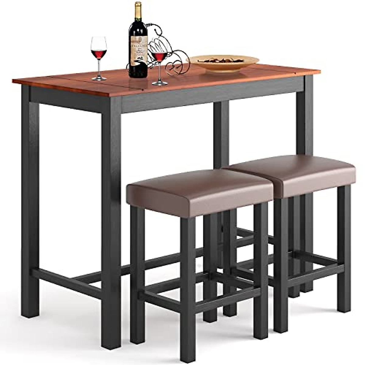 COSTWAY 3 Pieces Dining Table and Chair Set, Counter Height Wood Breakfast Table Set with 2 Upholstered Stools, Industrial Wood Kitchen Table Set for Bar Bistro,Living Room, Restaurant