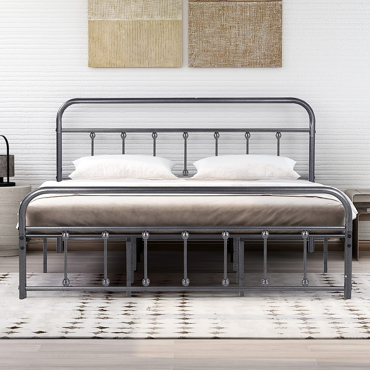 alazyhome California King Size Bed Frame Classic Metal Platform Mattress Foundation with Victorian Style Iron-Art Headboard Under Bed Storage No Box Spring Needed Black/Silver
