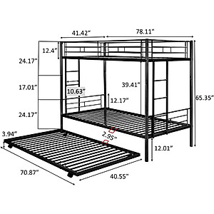 DaiNNCN Twin Over Twin Bunk Bed with Trundle,Can Be Divided Into 3 Bed Metal Heavy Duty for Kids Boys Girls Adults-Black