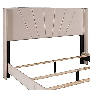 HBRR Queen Size Bed Frame with Velvet Upholstered Headboard, Low Profile Platform Bed with Wood Slats, Fully Upholstered Mattress Foundation, Noise-Free, Easy Assembly, Beige