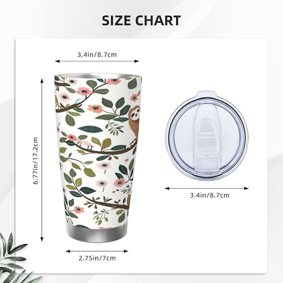 AYCZN Sloth Branch 20 OZ Tumbler Stainless Steel Travel Coffee Mug, Cute Animal Insulated Water Bottle with Lid and Straws Leakproof Thermal Cup