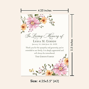 Hello Love Goods Soft Pink and Orange Floral Sympathy Thank You Cards, 4.25x5.5 Flat Personalized Funeral Thank You Cards with Envelopes