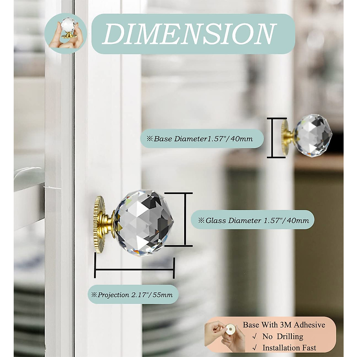 Stargallery Round Crystal Self Stick Knobs 1-3/5 Inch 40mm Diameter Crystal Knobs Cabinet Knobs Replacement Knob with Adhesive for Cabinet Mirror Cupboard Window Glass Sliding Door Drawer (2, Sliver)