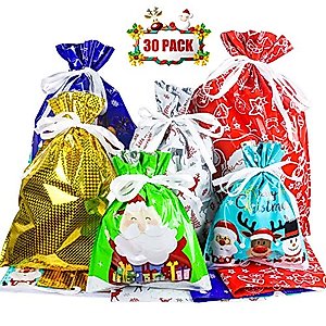 FATHABY Holiday Christmas Drawstrings Gift Bags, 30PCS Assorted Christmas Wrapping Bags, 6 Different Patterns for Christmas Goodie and Treat Bags for Birthday Christmas Party (Yellow) (Gray)