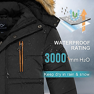 FARVALUE Boy Winter Coat Warm Quilted Puffer Water Resistant Parka Jacket with Detachable Fur Hood for Big Boys Black, 12-13 Years