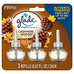 Glade PlugIns Refills Air Freshener, Scented and Essential Oils for Home and Bathroom, Cashmere Woods, 2.01 Fl Oz, 3 Count