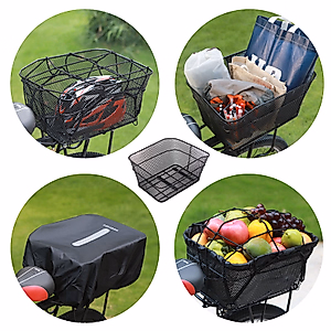 Rear Bike Basket, Bike Basket Rear with 2 Rainproof Covers and Cargo Net, Metal Bike Rear Basket with Reflective Waterproof Cover and Bicycle Rear Basket Lining,WOOFOPT Bike Rack Basket