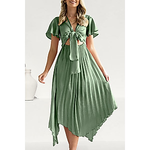 PRETTYGARDEN Women's 2023 Satin Summer Dress Short Sleeve V Neck Tie Front Cutout Pleated A Line Midi Dresses (Light Green,Medium)