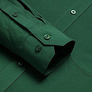 Hi-Tie Forest Green Solid Banded Collar Dress Shirts for Men 4 Way Stretch Long Sleeve Wrinkle-Free Shirts with Pocket Regular Fit Button Down