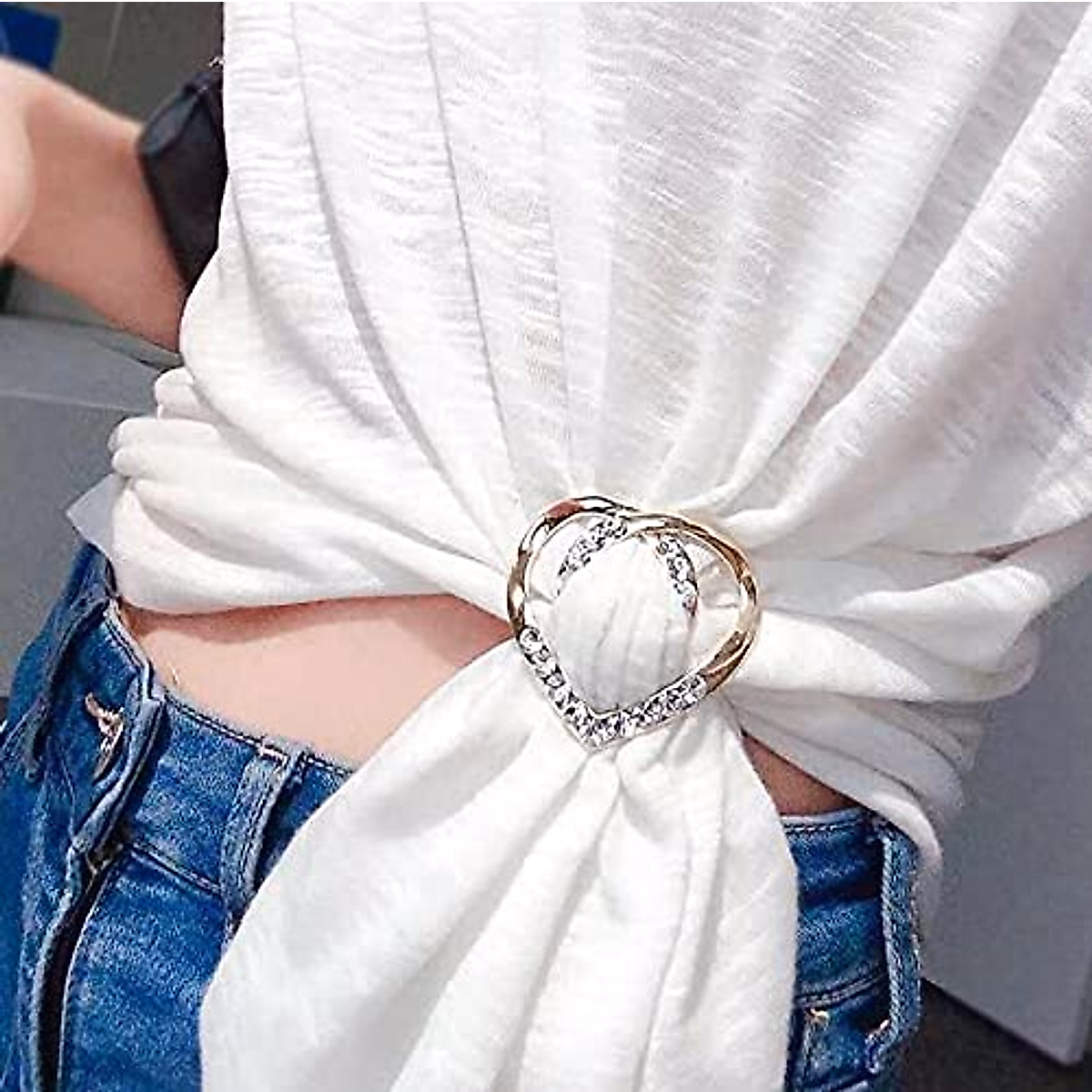 3 Pack Alloy T-Shirt Clips Rhinestone Scarf Ring Buckles 1.9 Inch Round Heart Shape Tshirt Scarves Clothes Waist Tie Decoration Accessories for Women Girls