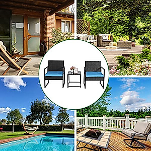 B BAIJIAWEI 3PCS Wicker Patio Furniture Sets Outdoor Bistro Set Wicker Chair Conversation Sets with Coffee Table for Yard, Backyard, Porch, Bistro (Black Wicker-Blue Cushion)