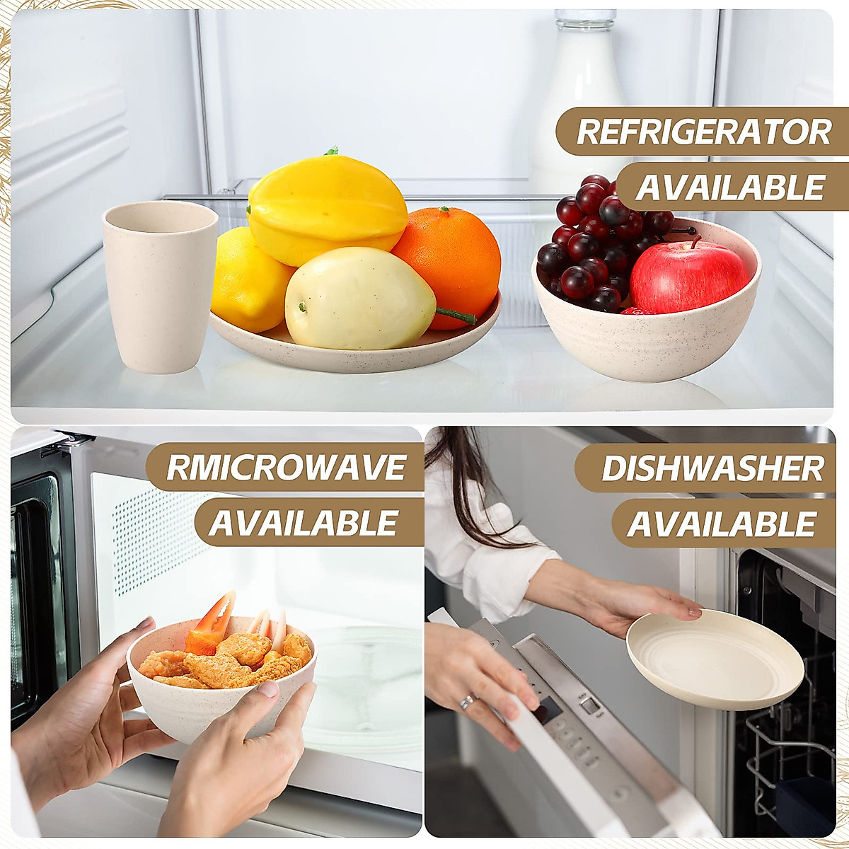 32 Pcs Wheat Straw Dinnerware Sets for 8 Kitchen Reusable Dinner Plates, Reliable Cereal Bowls, Lightweight Children Cups Kids Tableware Set Dishwasher Safe for Camping Party Picnic Event (Beige)