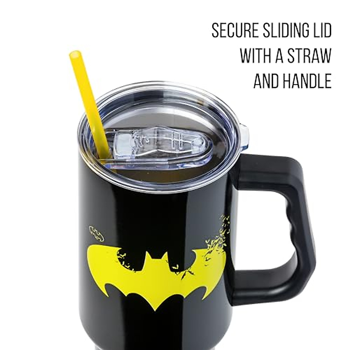 Silver Buffalo DC Comics Batman Logo Stainless Steel Tumbler with Handle and Straw, Fits in Standard Cup Holder, 40 Ounces