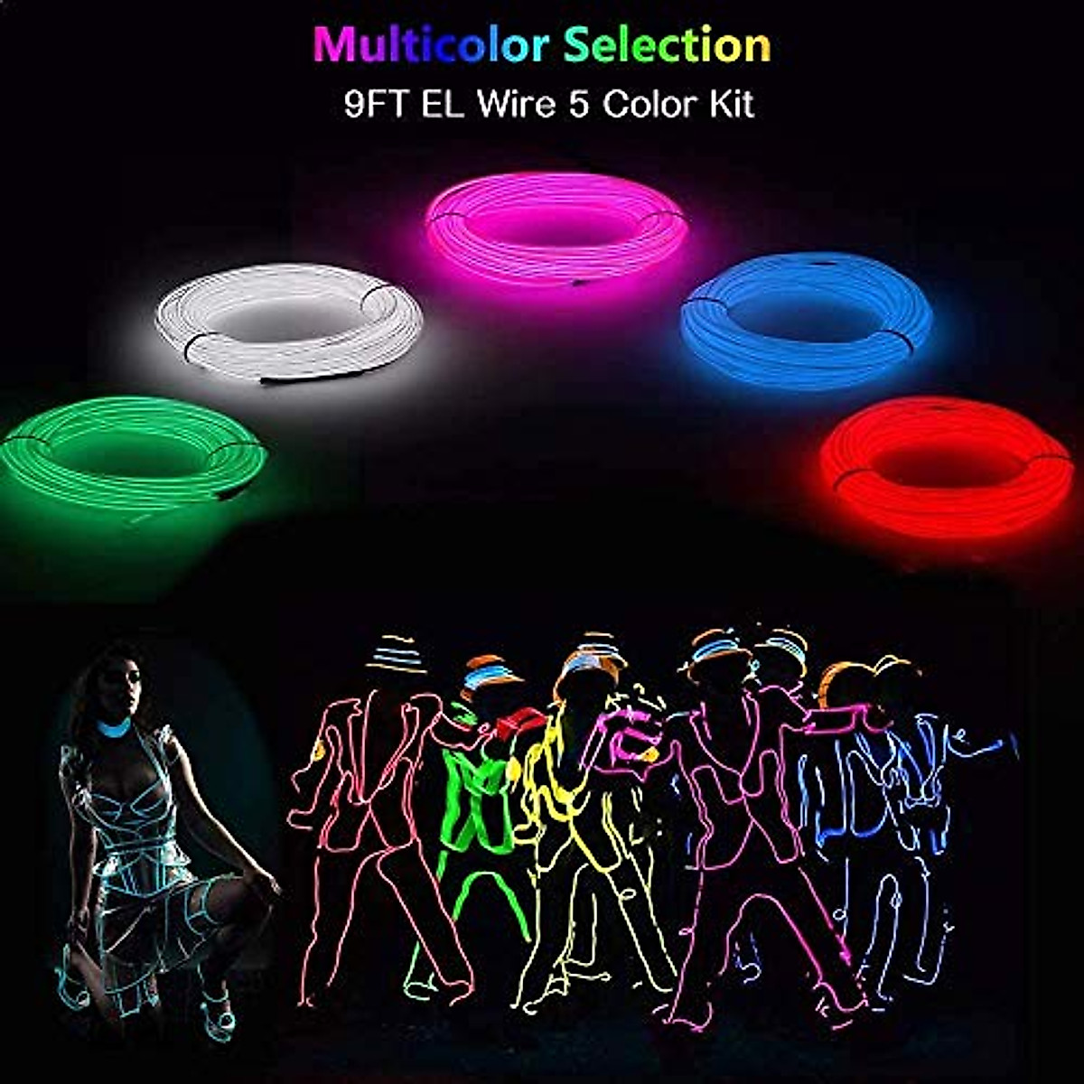 MaxLax EL Wire Portable Set, 9ft Cuttable Battery Pack Neon Glowing Electroluminescent Wire Light kit(Green, Blue, Red, White, Pink) for Halloween Decorations DIY