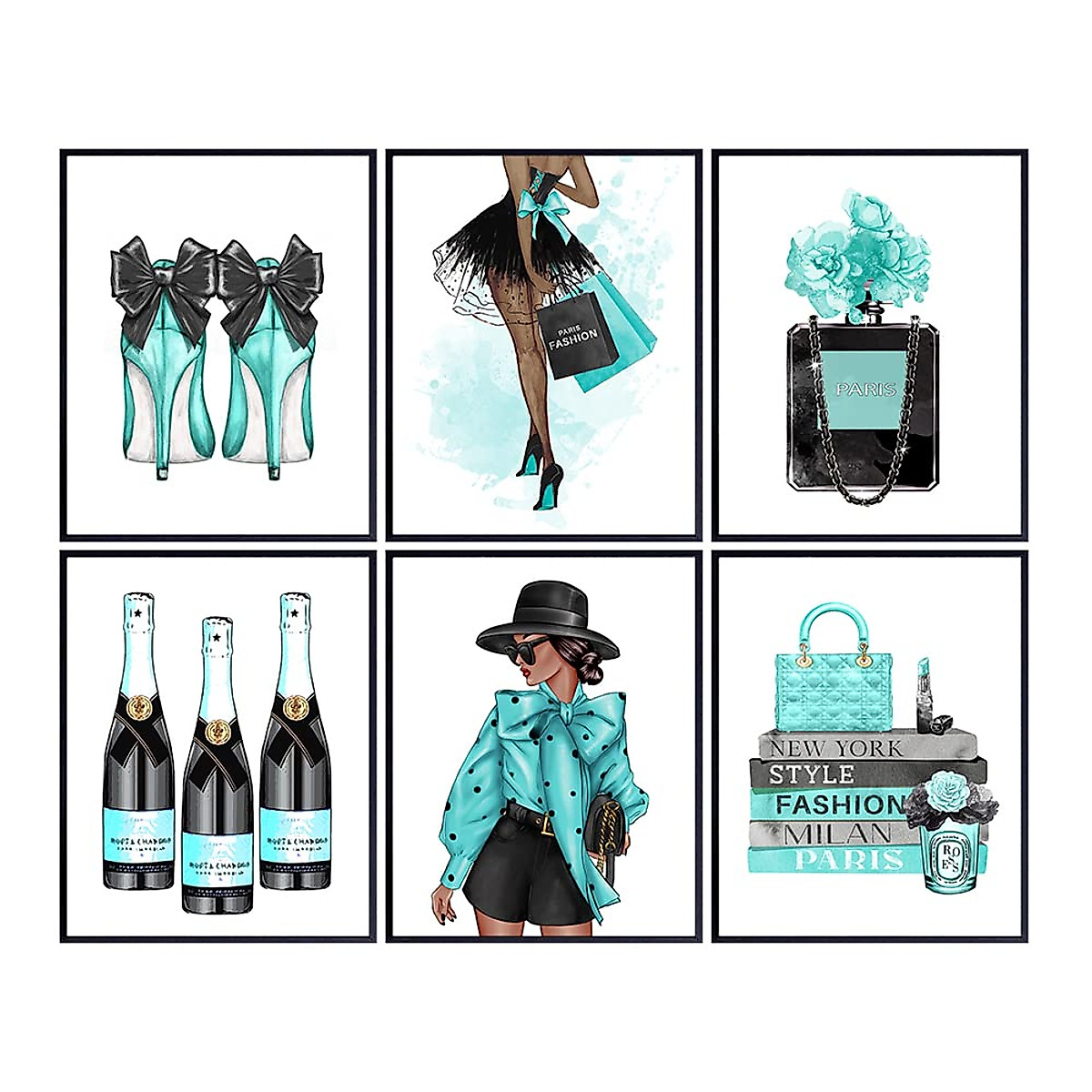 Blue Glam Wall Decor - Black African American Wall Decor - Designer Perfume, Shoes, Handbags - High Fashion Design Gift - Luxury Couture Wall Art Poster Set for Women, Teens, Girls Bedroom