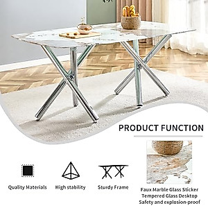 FURNITO 71" Glass Dining Table for 6-8, Faux Marble Glass White Desktop 0.39" and Sliver Metal Legs, Ideal for Living Room and Dining Room (1 Table (White))