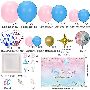 145pcs Baby Boxes Gender Reveal Balloon Decorations, Pink and Blue Balloon Garland Kit 4pcs Baby Boxes with Letters, Boy or Girl Backdrop for Gender Reveal Baby Shower Birthday Party Supplies