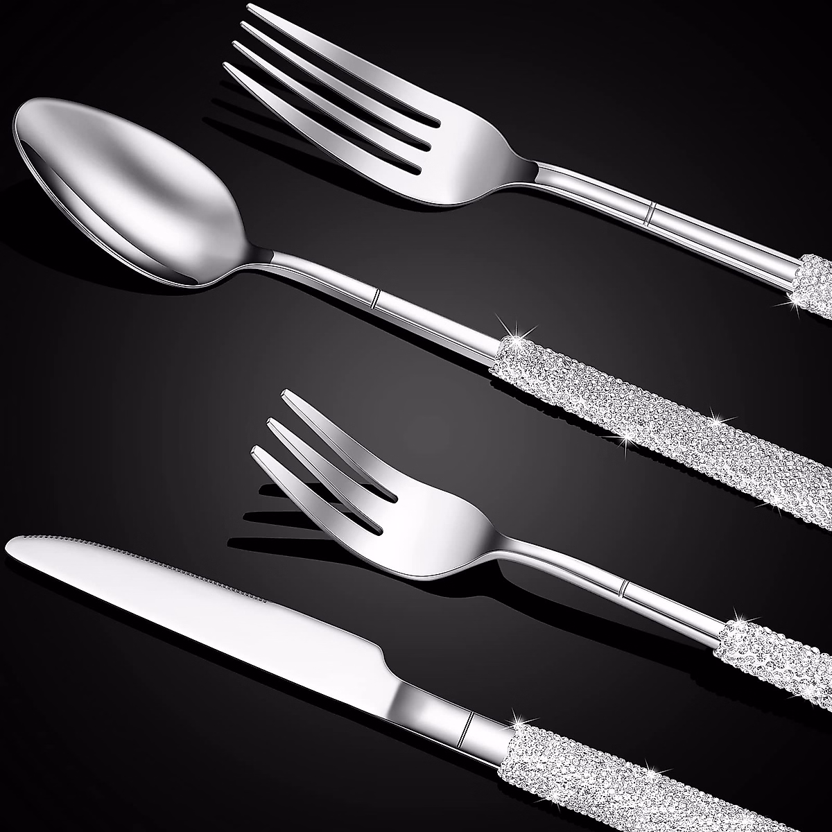 Bling Silverware Set Stainless Steel Rhinestones Knife Fork and Spoon Set Glitter Travel Cutlery Flatware Dinnerware Utensils Tableware Sets for Wedding Birthday Party Gift Silver