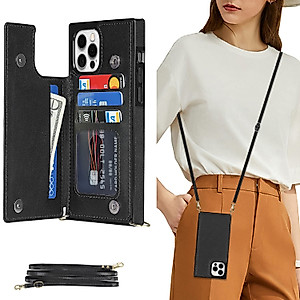 DEFBSC Compatible with iPhone 14 Pro Max Case, Crossbody Wallet Case, Adjustable Detachable Lanyard Neck Strap with Kickstand Leather Card Holder Protective Cover-Black