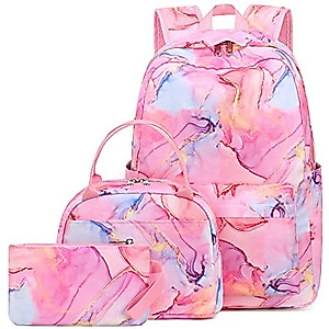 Bluboon Teen Girls School Backpack Kids Bookbag Set with Lunch Box Pencil Case Travel Laptop Backpack Casual Daypacks (Marble Pink-Blue)