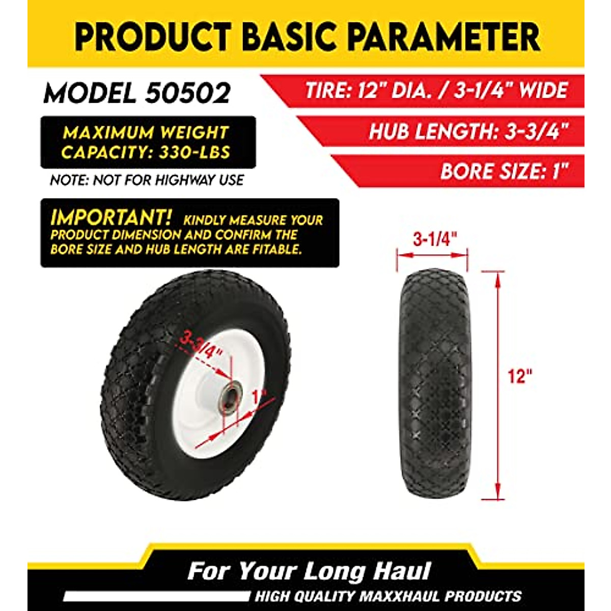 MaxxHaul 50502 12" Flat Free Solid Polyurethane All-Purpose Replacement Tire for Trailer Dollies Hand Trucks, Garden Carts, 12 inch, Black