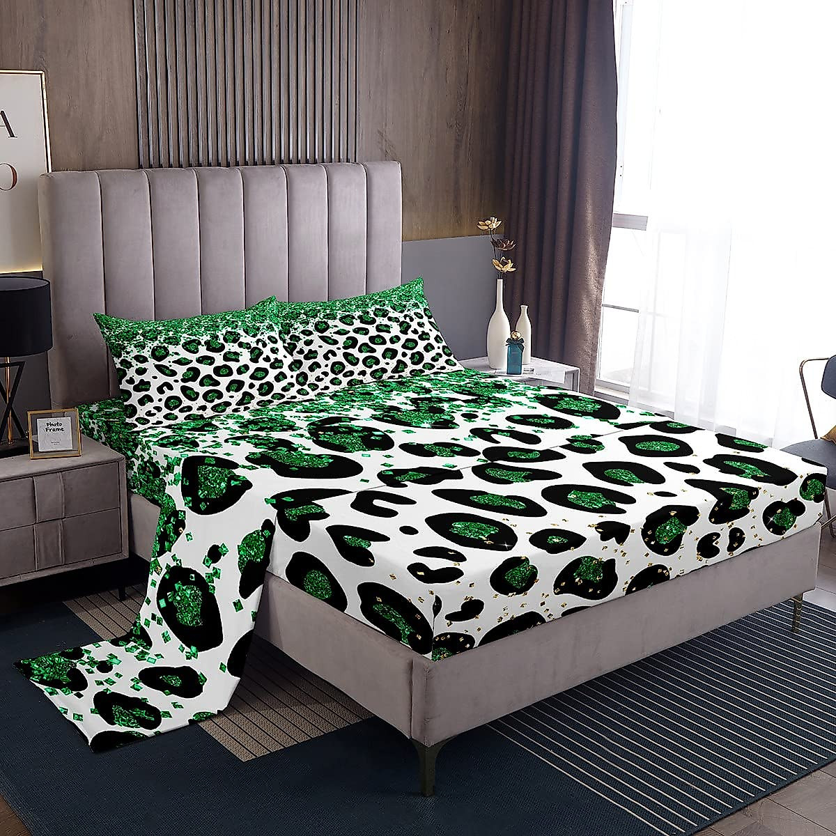Feelyou Leopard Bed Sheet Set Cheetah Bedding Set Glitter Pattern Fitted Sheet Green Pastel Flat Sheet for Kids Boys Girls Adults (No Glitter) 4Pcs with 2 Pillow Case Full Size