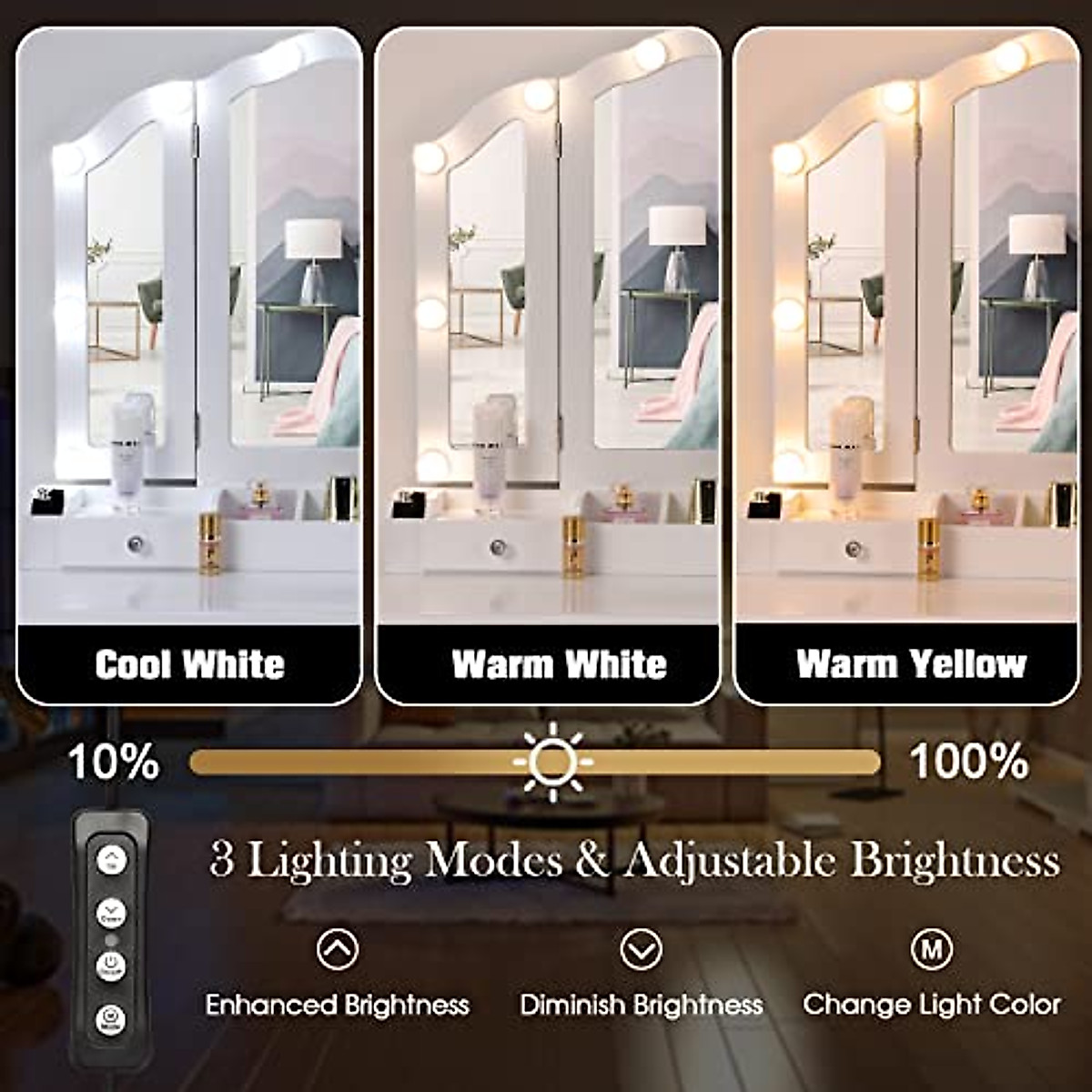 Vanity Desk with Mirror and Lights Makeup Vanity with Lights and Tri-Folding Mirror,Vanity Table with Lights,Makeup Vanity with Drawers,Vanity Mirror with Lights Desk and Chair Makeup Desk for Girl