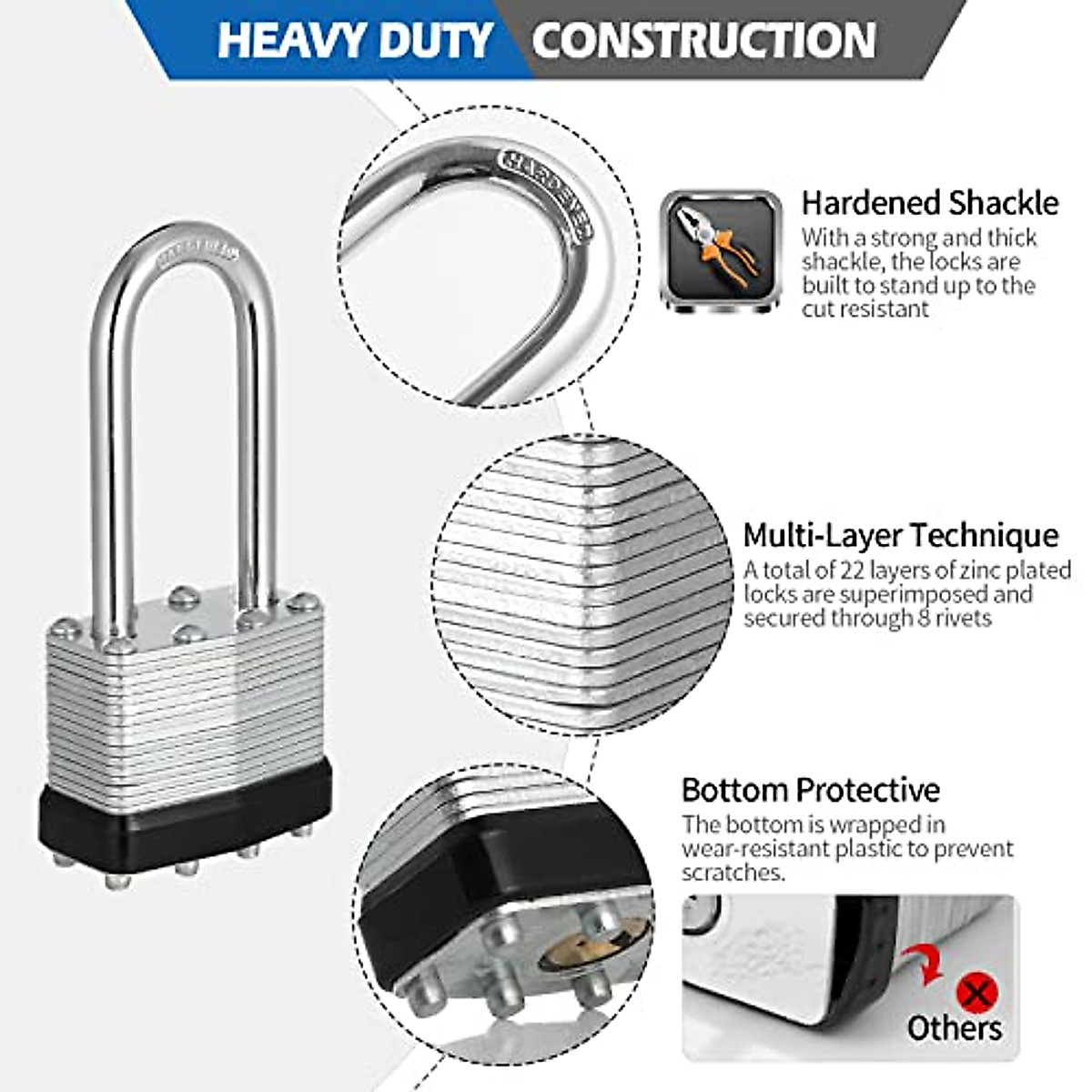 Travate Keyed Alike Padlocks, Laminated Heavy Duty Padlocks Keyed Alike Set of 6, Key Lock with 1-9/16"(40mm) Wide Body 2-inch Long Shackle for Storage Unit, Sheds, Garages and Fence