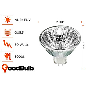 GoodBulb 50-Watt Halogen MR16 Light Bulb | GU5.3 Base 24V ANSI Code FNV | 3000K Soft White Color | Clear Finish | 2000 Life Hours | Pack of 10 Bulbs