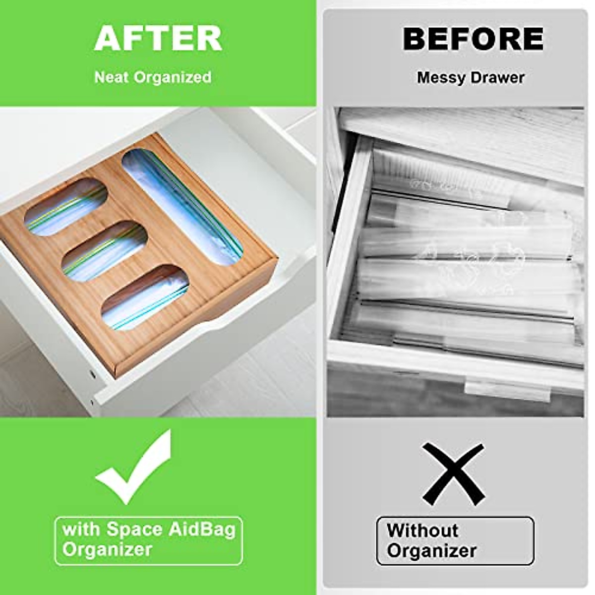 keleywood Bamboo Bag Storage Organizer for Kitchen Drawer, Ziplock Bag Organizer, Compatible with Gallon, Quart, Sandwich and Snack Variety Size Bag