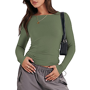 ANRABESS Women’s Long Sleeve Shirts Tight Fitted Going Out Crop Tops Crewneck Basic Tee Y2k Outfits Teens Girls Clothes Army Green S