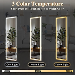 NeuType Full Length Mirror with Lights, 47"x16" LED Full Length Mirror, Over The Door Lighted Mirror with 2 Hangers, Dimmable Brightness & 3 Color, Wall Mirror for Bedroom, No Battery Required, White