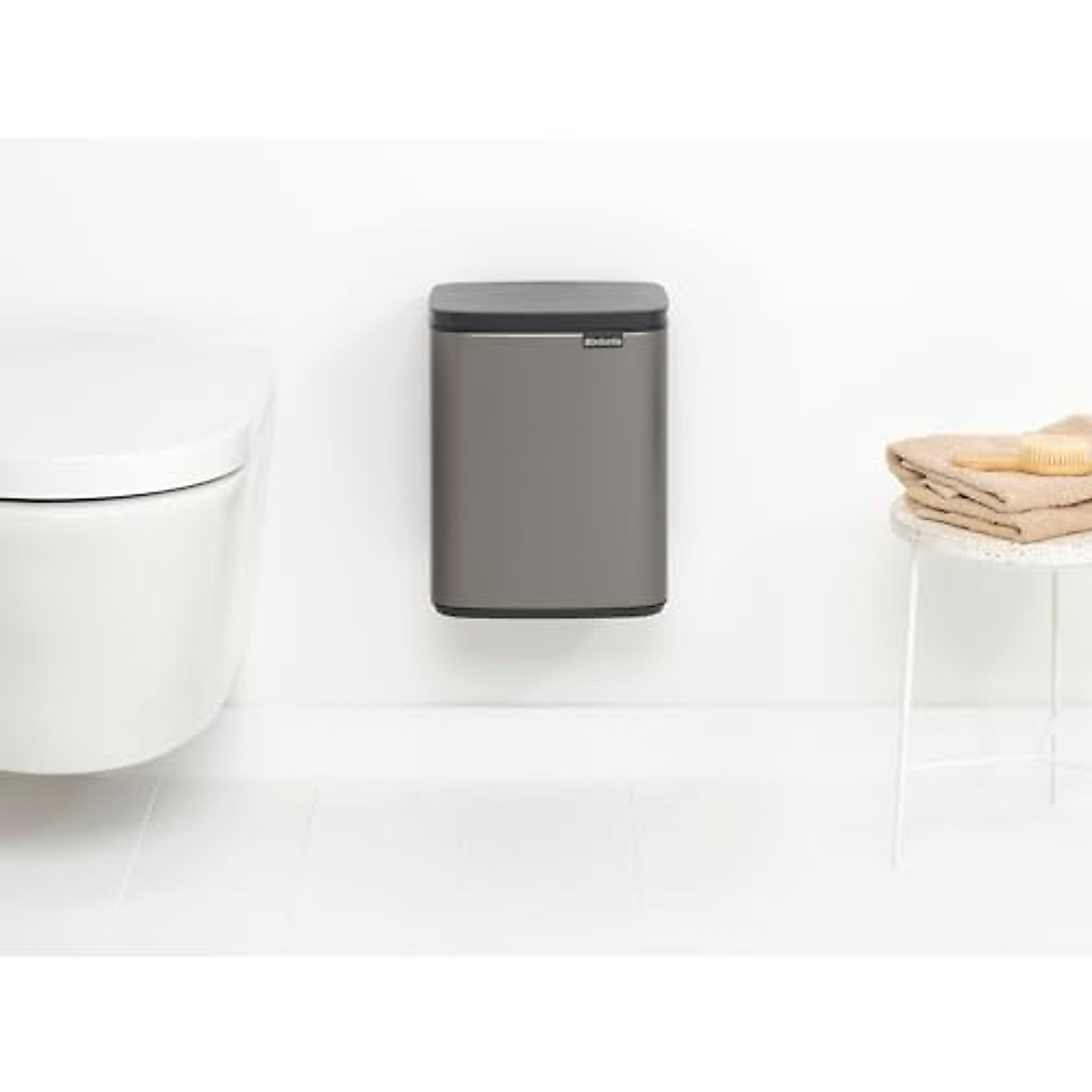 Brabantia Small Bo Trash Can 1.8 Gal - Easy Open, Soft Closing Lid, Hygienic, Space Efficient - for Bathroom, Home Office, Bedroom - Platinum - LWH 9.5 x 8.2 x 12.5