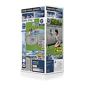 Bestway 56715E Power Steel Swim Vista 14' x 8'2" x 39.5" Outdoor Oval Above Ground Swimming Pool Set with 530 GPH Filter Pump, Cover, & Ladder