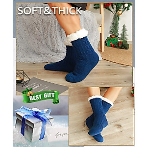 EBMORE Mens Slipper Fuzzy Socks Winter Cozy Fluffy Cabin Warm Fleece Soft Comfy Thick Non Slip Christmas Home Stocking Stuffer (Blue)