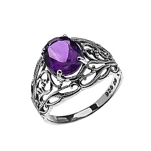 gemstone rings Sterling Silver Modern Filigree Design Genuine Amethyst Ladies Ring(Size 7)