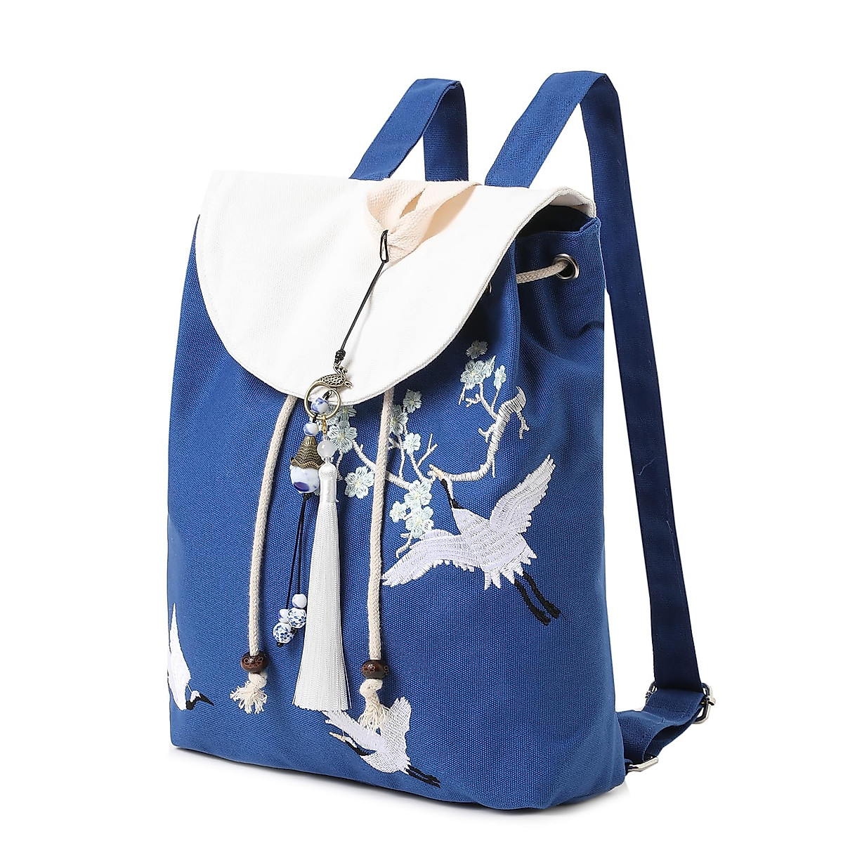 MAZEXY Embroidered Backpack for Travel Shopping Wedding With Pendant and Tassels (Crane)