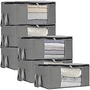 MANZOO Storage Bag Organizer Clothes Containers with Reinforced Handle for Comforters, Blankets, Bedding, Foldable Sturdy Zipper, Clear Window, 6 PC Pack, 35L, Grey