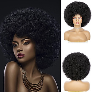 Afro Wig - Soft Afro Wig 70s For Women Afro Kinky Curly Hair Wigs With Bangs Natural Looking Short Afro Curly Wig For Men Bouncy Black Afro Puff Wig Synthetic Hair Big Afro Wig For Daily Party Use