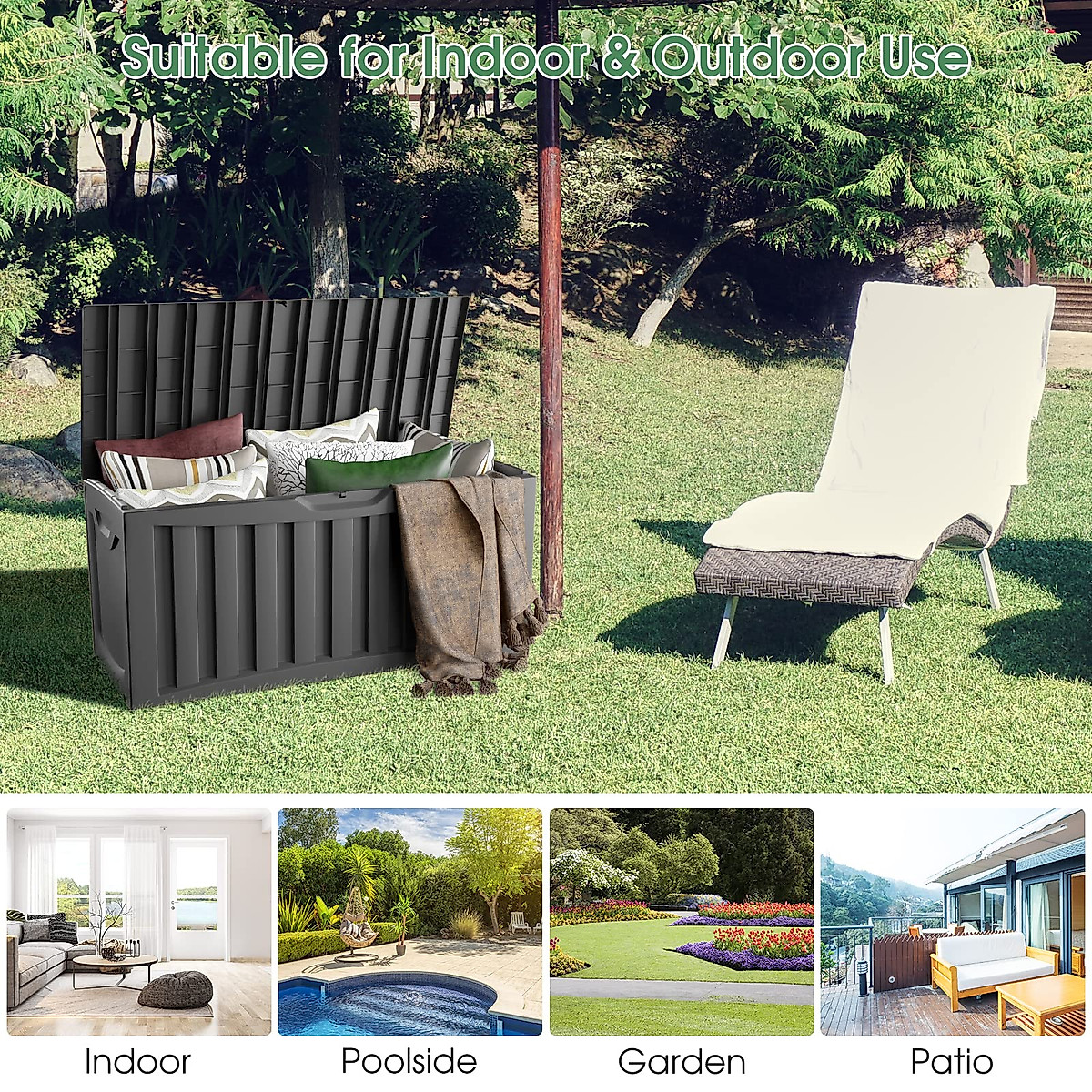 Goplus Outdoor Storage Box, Waterproof 90 Gallon Deck Box with Lockable Lid, Moving Rollers, Handle for Cushion, Pillow, Toy Garden Tools, Outdoor Resin Patio Storage Box for Lawn Yard, Easy Assembly