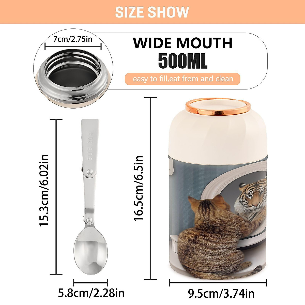 CUPADA Biege Cat Tiger Food Jar, Cute Animals Crown Insulated Hot Food Jars Vacuum 17OZ with Folding Spoon for Work Trip Picnic Camping