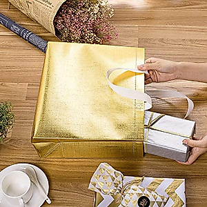 Whaline Set of 12 Reusable Gold Gift Bags Glossy Glitter Tote Bag with Handles Large Size Stylish Party Holidays Favor Bags for Wedding Birthday Party Valentines Mother's Day Christmas