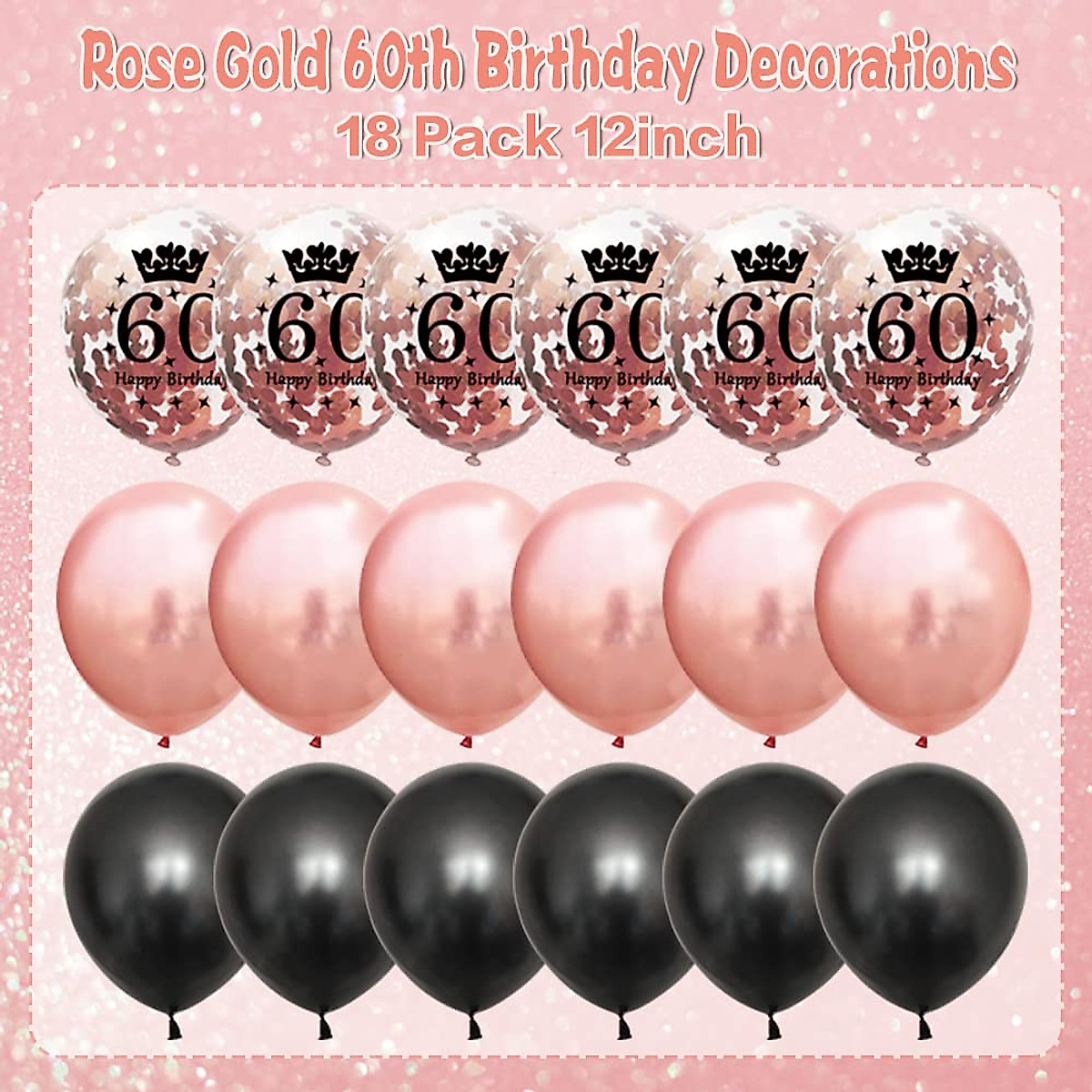 60th Birthday Decorations for Women, Rose Gold Happy 60th Birthday Banner Yard Sign, Black Rose Gold 60th Birthday Balloons for 60th Birthday Anniversary Party Decorations Supplies (9x1.2ft)