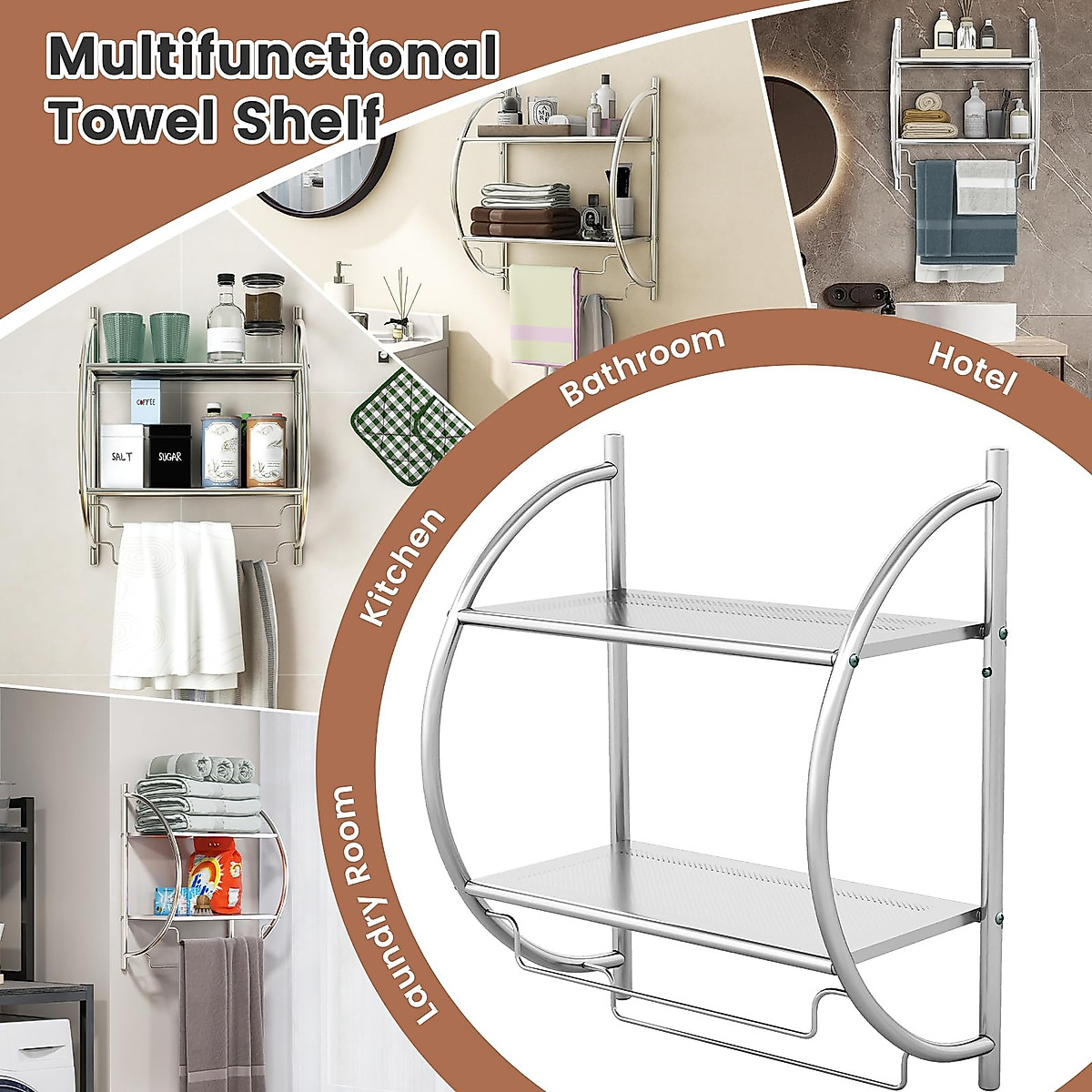 GOFLAME Wall Mounted Bathroom Shelf, 2-Tier Chrome Towel Rack with Leaky Design Shelves, Towel Bars, Chrome Bathroom Shelf for Living Room Kitchen Bathroom (1, Silver)