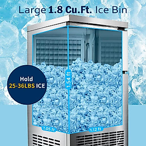 Commercial Ice Maker Machine, 130lbs/24H Under Counter ice Machine with 36lbs Ice Storage Capacity, 50 Ice Cubes/Cycle Stainless Steel Freestanding Ice Maker, Intelligent Operation, Automatic Cleaning