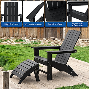 Folding Adirondack Chair with Ottoman Weather Resistant Foldable Fire Pit Chairs with Footrest HDPE Outdoor Adirondack Chair for Patio Front Porch Pool Garden Deck Fire Pit Outside, Black