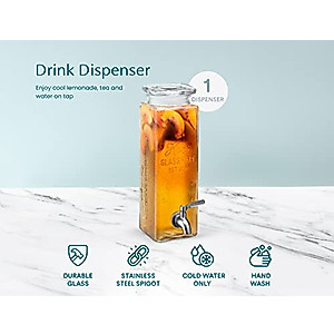 Kook Glass Drink Dispenser, with Leak-Proof Stainless Steel Spigot, Clear Rectangular Mason Jar, Beverage Storage for Fridge, for Water, Iced Tea, Sangria, Lemonade, 80 oz (1)