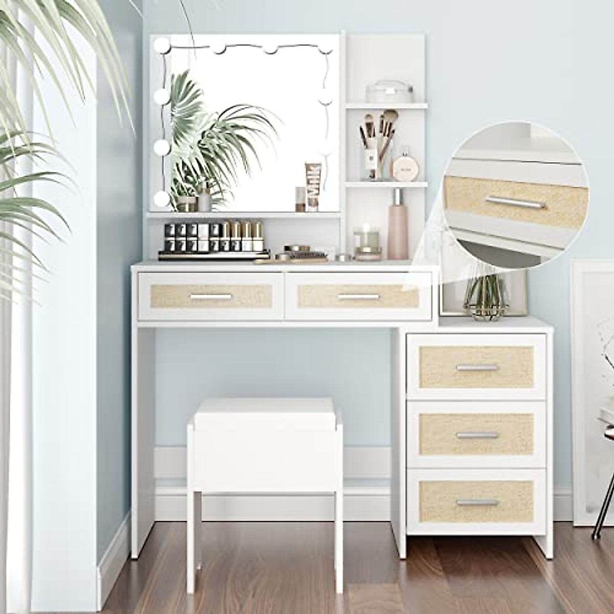 Maupvit Rattan Vanity Desk with Mirror and Lights, Boho Makeup Vanity Table Set with Nightstand, 5 Drawers & 10 Bulbs, Metal Silver Handle, 3 Open Shelves, Dressing Table with Cushioned Stool (White)